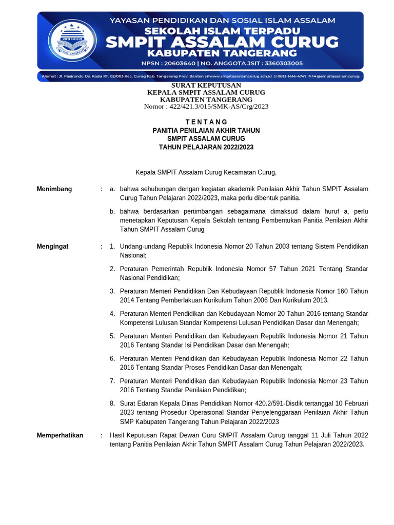 SK PANITIA PAT SMPIT ASSALAM CURUG | PDF