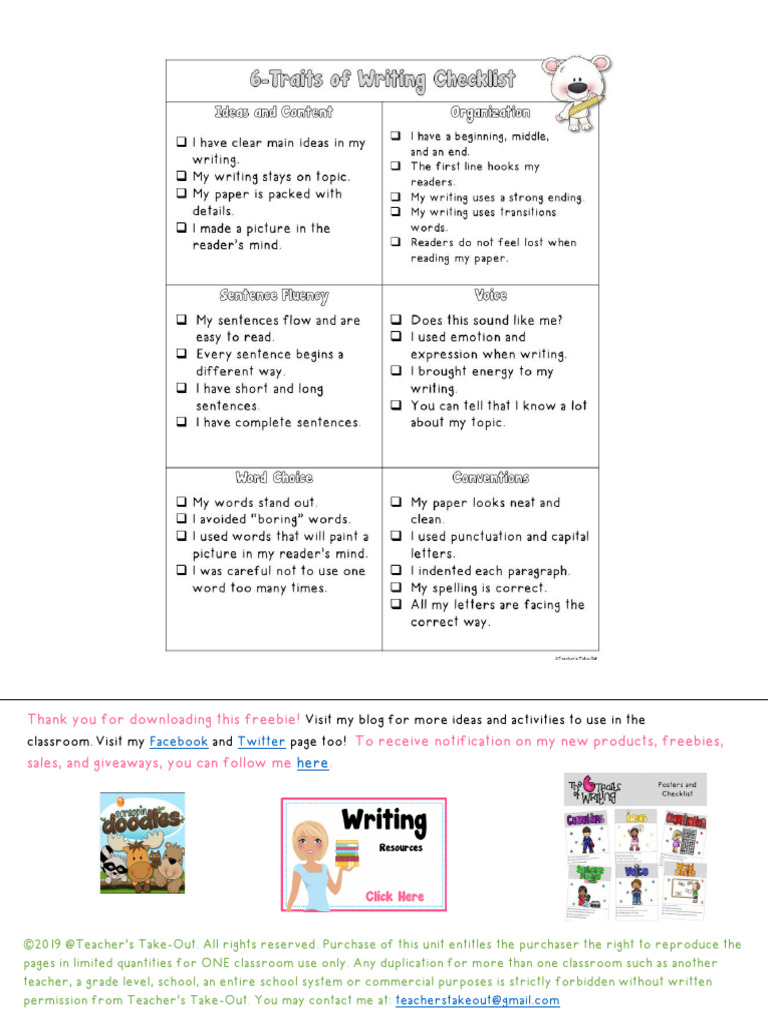 Free 6 Traits writing checklist | PDF