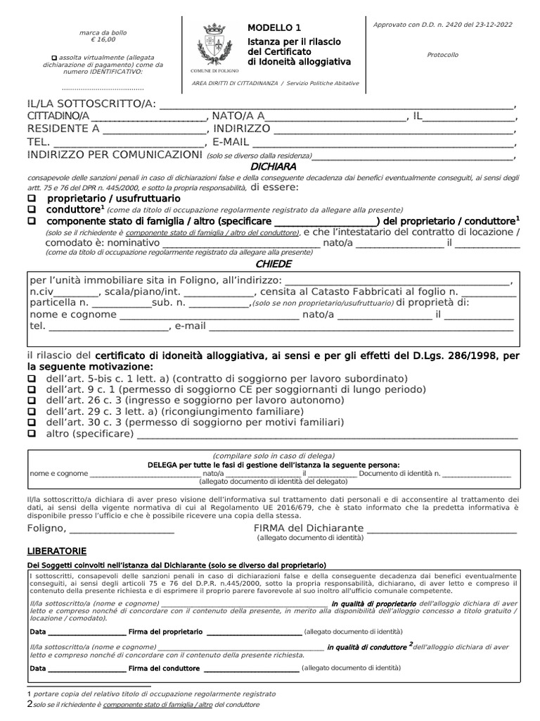 MODELLO 1 Istanza Per Il Rilascio Del Certificato Di Idoneita Alloggiativa Allegato A | PDF