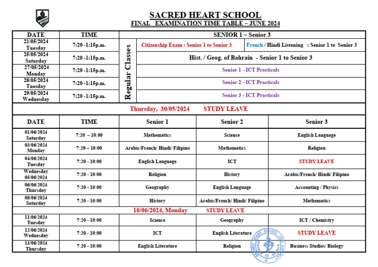 Final Exam Timetable June 2024 Senior 1 - 3-2 | PDF