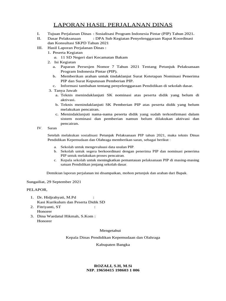 Contoh Laporan Hasil Perjalanan Dinas | PDF