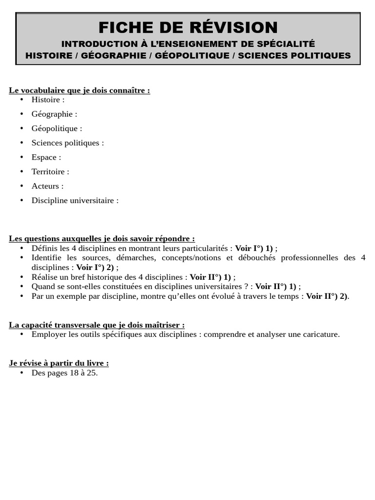 Fiche de Révisions Eval INTRO HGGSP | PDF
