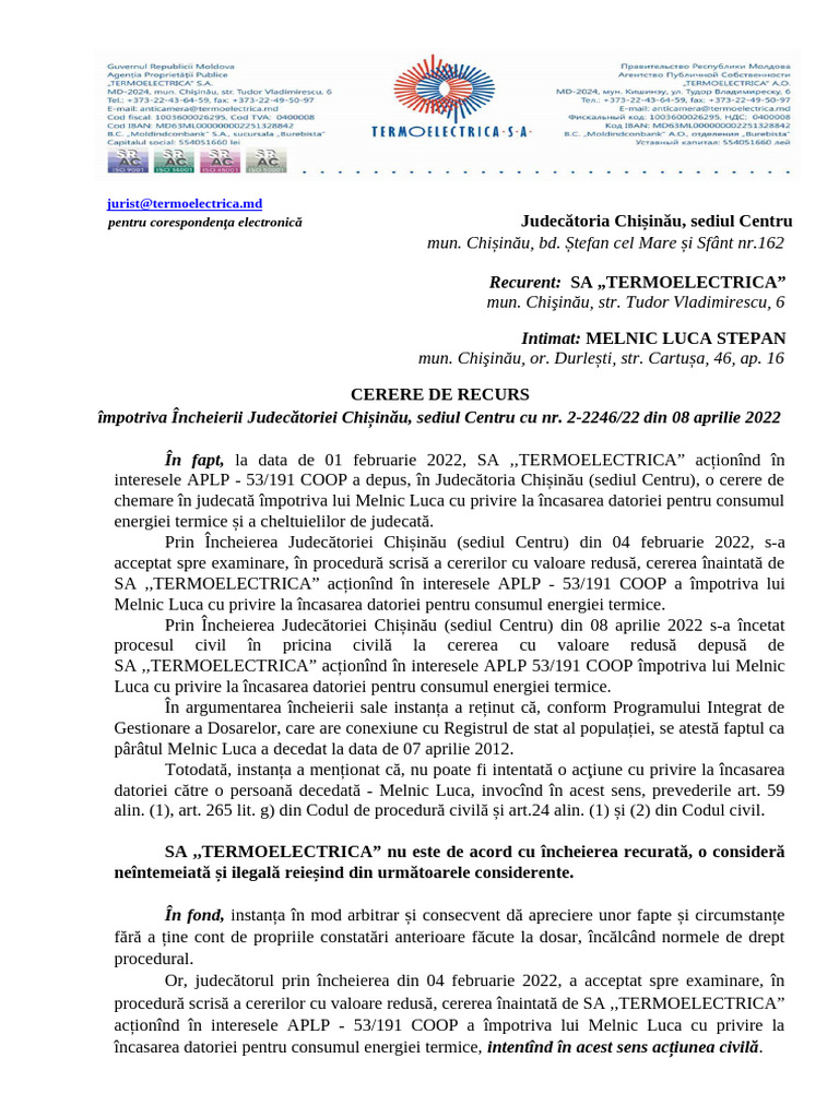 CERERE DE RECURS Termoelectrica Vs MELNIC LUCA - DECESUL PIRITULUI ...