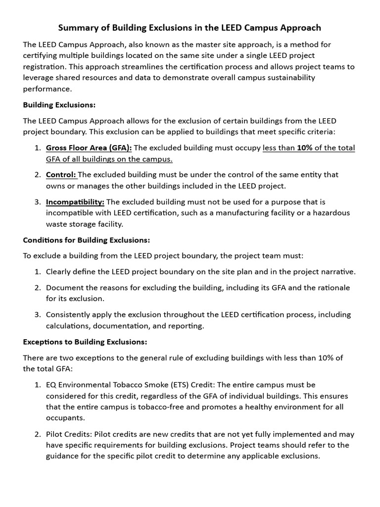 Summary of Building Exclusions in The LEED Campus Approach | PDF