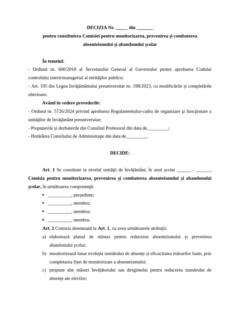 1 Decizie Constituire Comisie Prevenire Si Combatere Absenteism | PDF