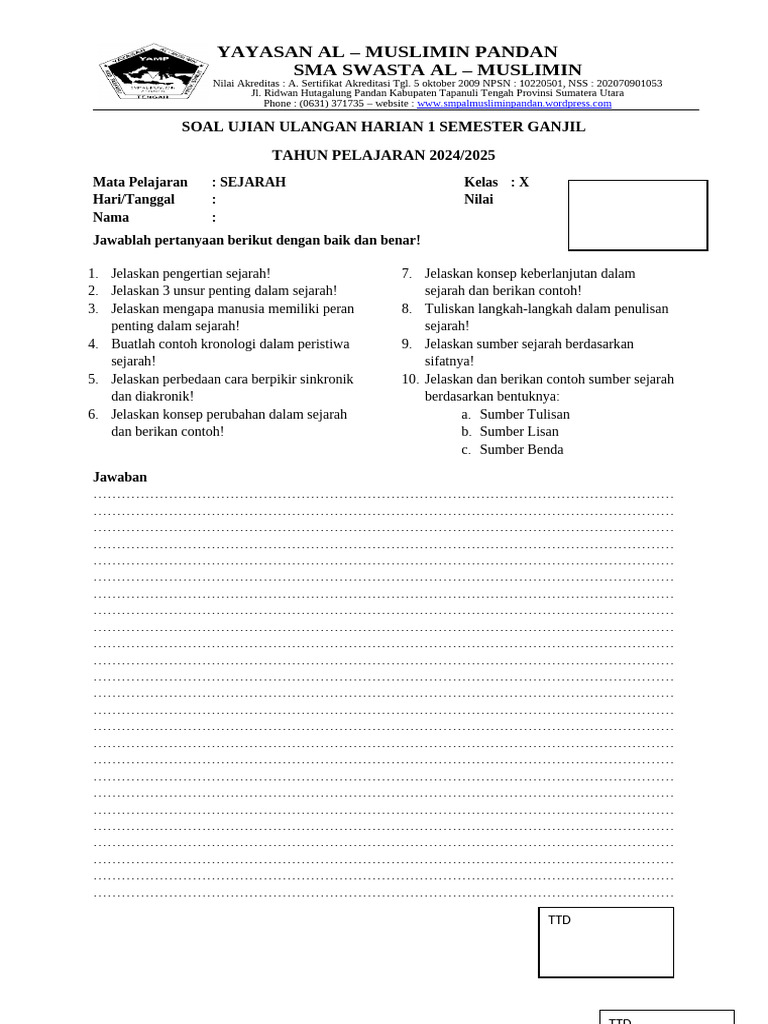 Soal Ujian Ulangan Harian 1 Semester Ganjil Sma Almus | PDF