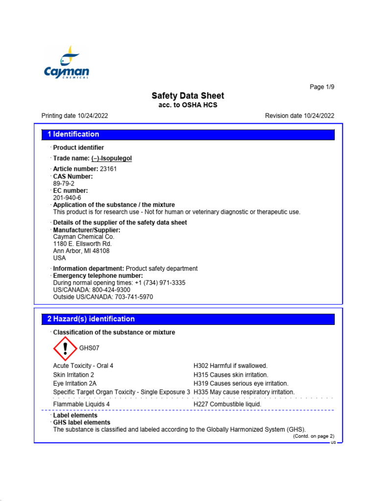 Safety Data Sheet: 1 Identification | PDF
