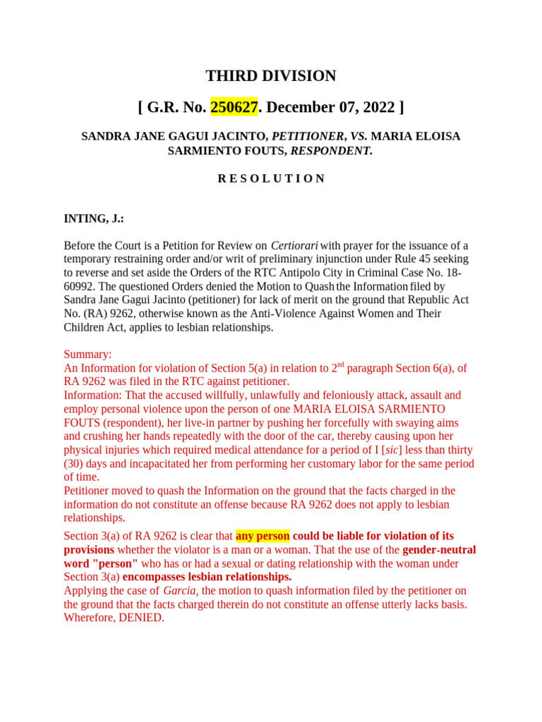 G.R. No. 250627. December 07, 2022 Sandra Jane Gagui Jacinto ...