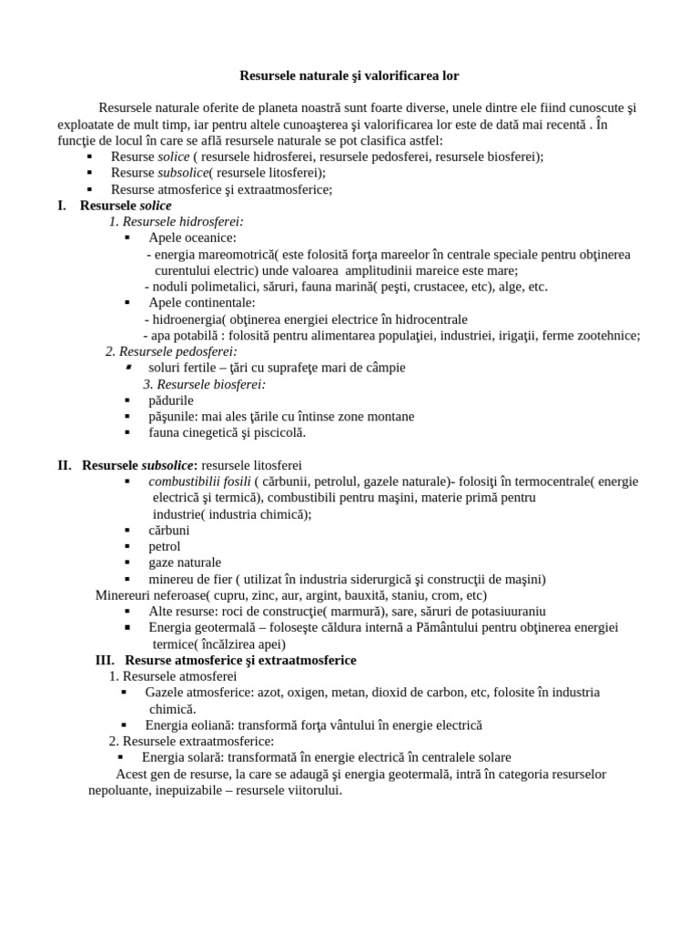 Resurse Naturale Si Valorificarea Lor | PDF