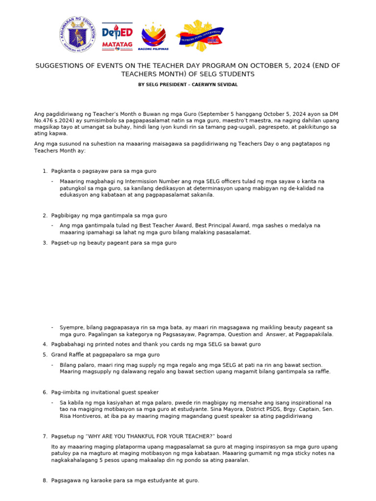 Suggestions of Events On The Teacher Day Program On October 5 | PDF