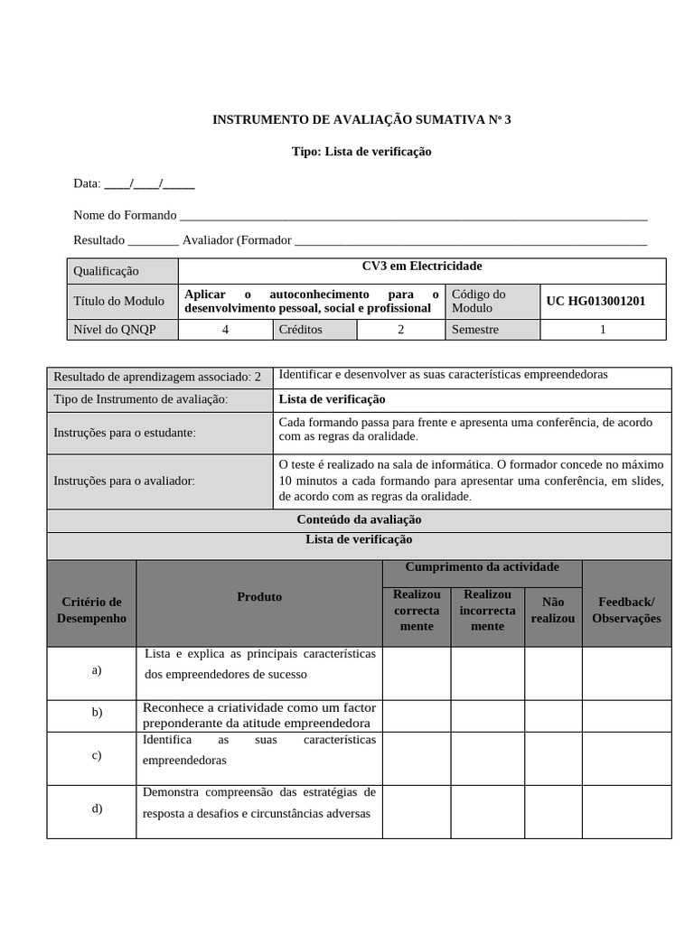 Ficha de Verificacao 1 CV3 Elect - 065350 | PDF
