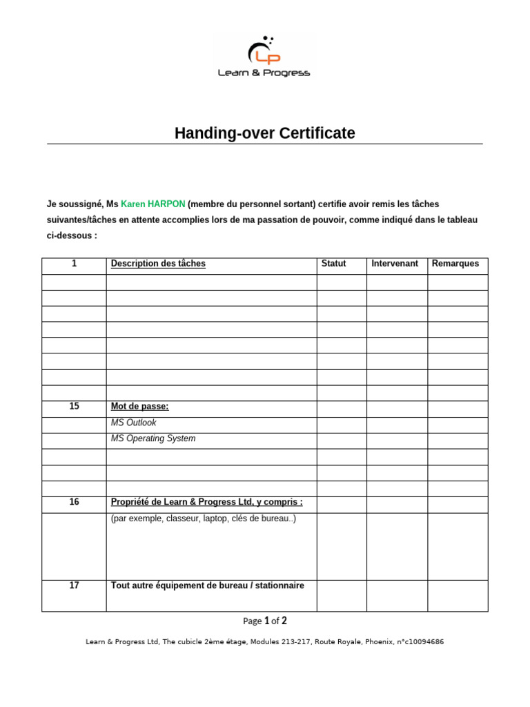 Handing-Over Certificate | PDF