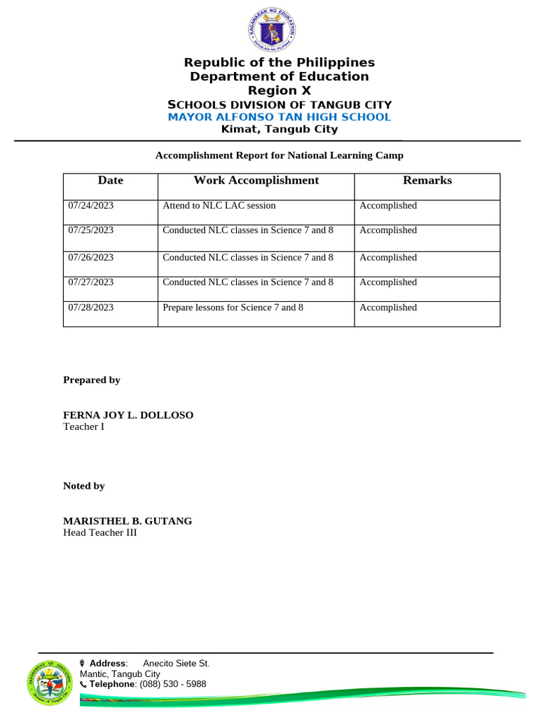 NLC Accomplishment Report 1 | PDF