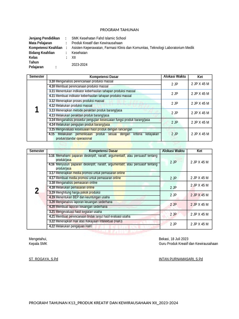 Program Tahunan K13 - PKK Xii | PDF