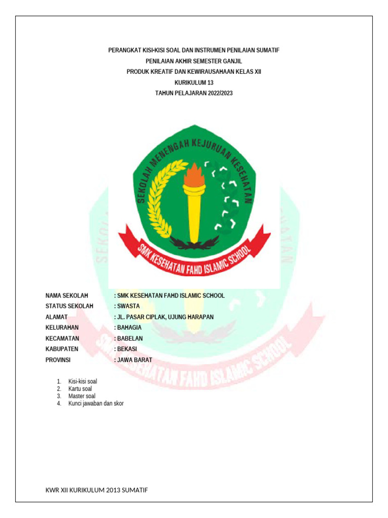 PKK XII - Format Kisi-Kisi, Kartu, Master Dan Kunci Soal Sumatif PAS Ganjil K13 2022-2023 | PDF