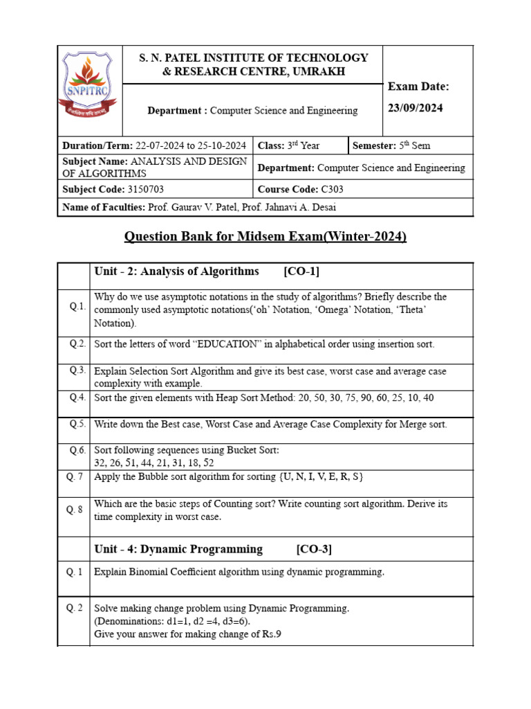 ADA (3150703) - Midsem Question Bank (W-2024) | PDF
