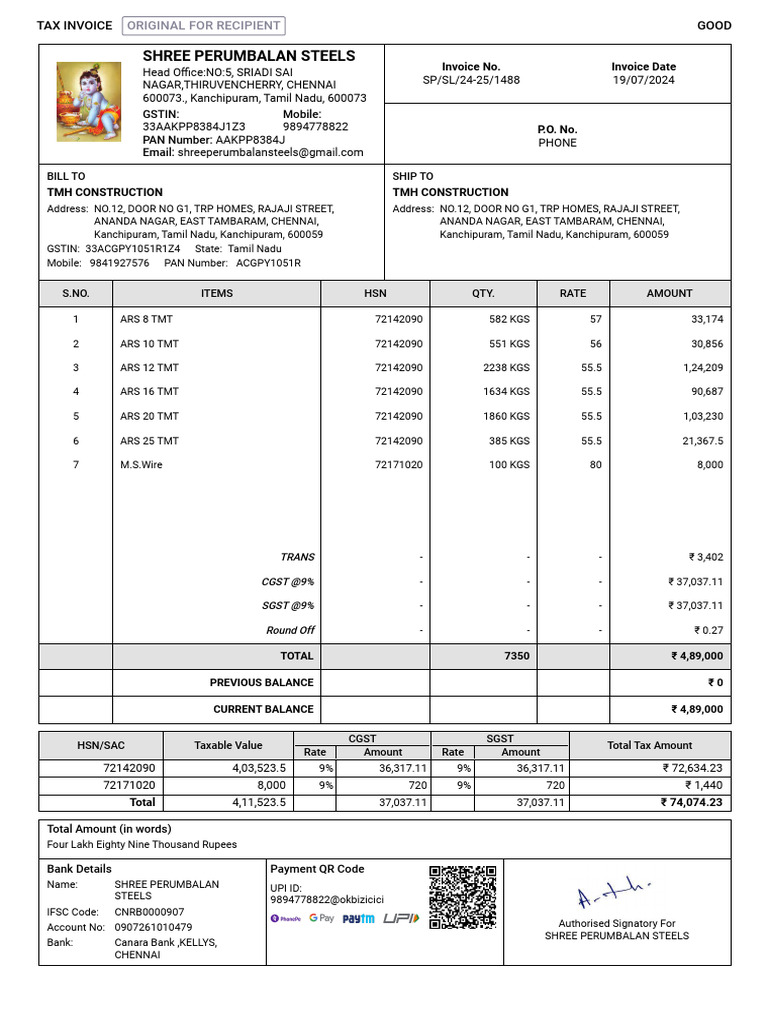 TMH Construction Sales Invoice SP SL 24-25-1488 | PDF