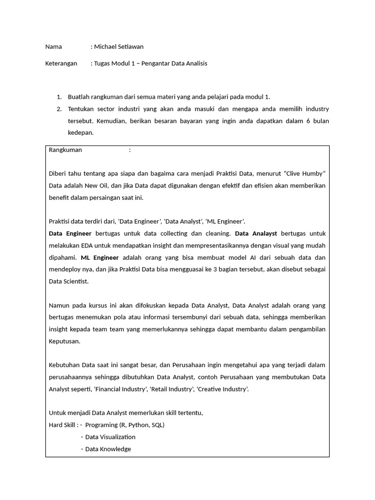 Michael Setiawan - Tugas Modul 1 (Pengantar Data Analisis) | PDF