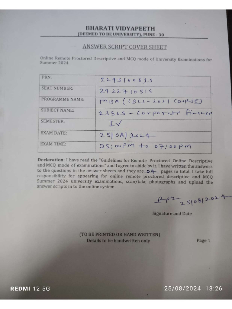Answer Sheet - Corporate Finance | PDF