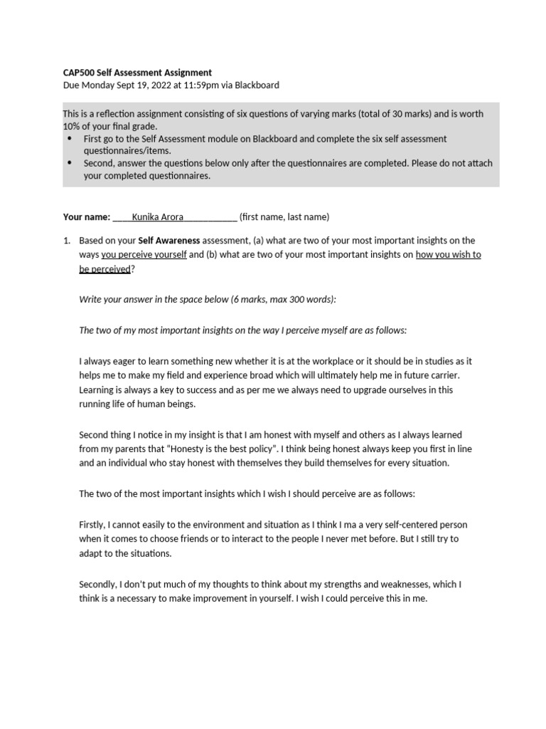 CAP500NWW Self Assessment Assignment | PDF | Thought | Career & Growth