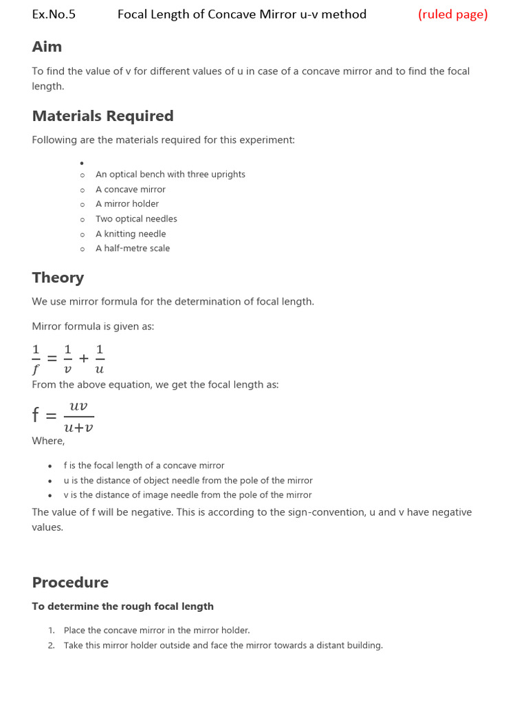 12th-Ex.no.5-Focal Length of Concave Mirror | PDF