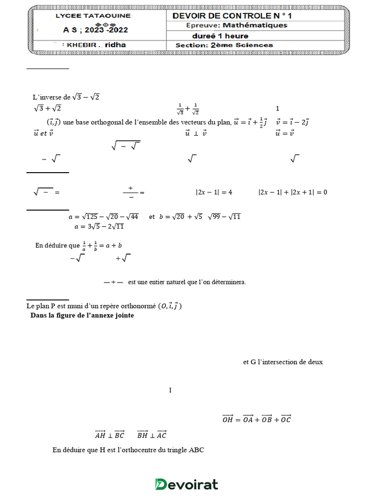 Devoir de Contrôle N°1 - Math - 2ème Sciences (2021-2022) MR KHEBIR RIDHA | PDF