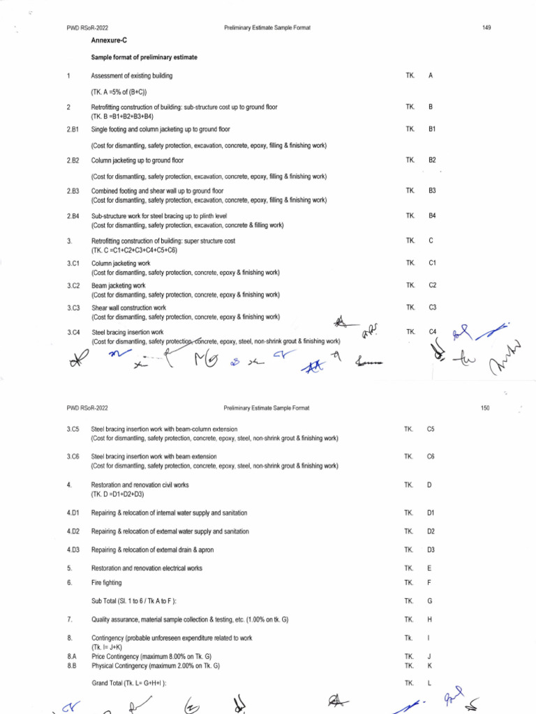 Annexure-C Sample Format of Preliminary Estimate | PDF