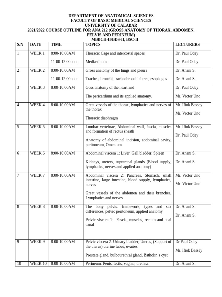 ANA 212 COURSE OUTLINE | PDF
