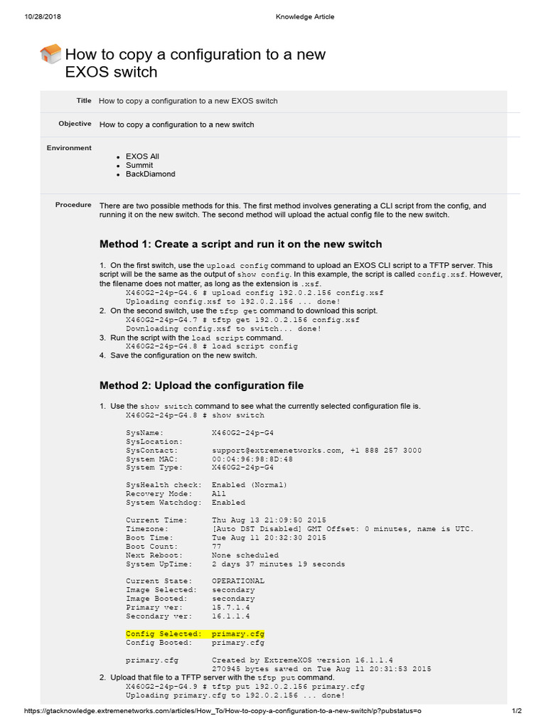 How To Copy A Configuration To A New EXOS Switch | PDF