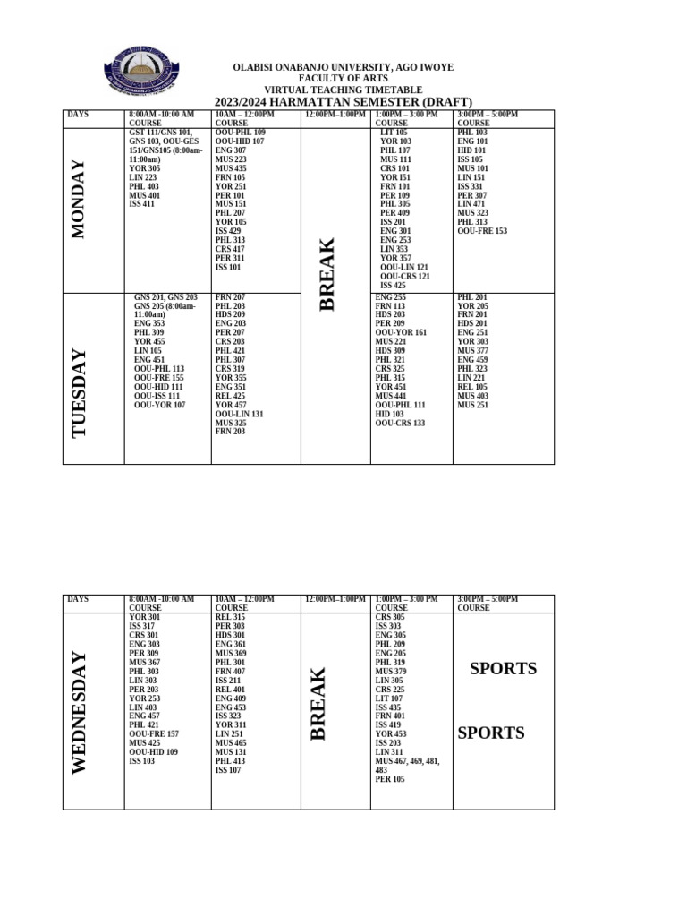 2023-2024 Faculty of Arts Harmattan Teaching Timetable | PDF
