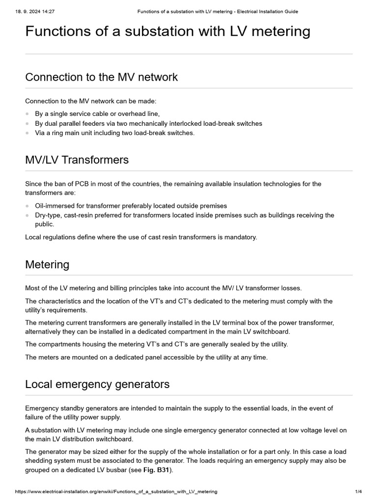Functions of A Substation With LV Metering - Electrical Installation ...