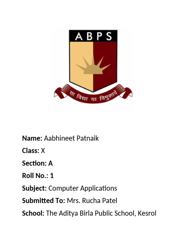 Aabhineet Patnaik X: Name: Class: Section: A Roll No.: 1 Subject ...
