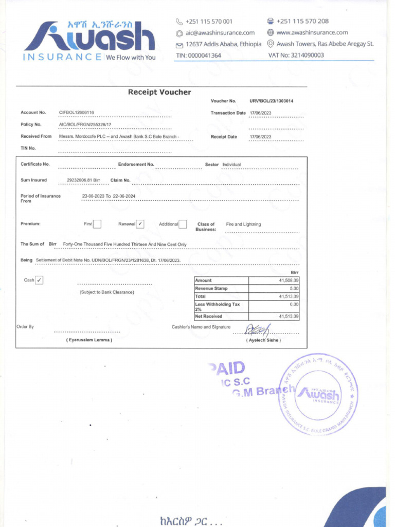 Awash Insurance Moredo | PDF