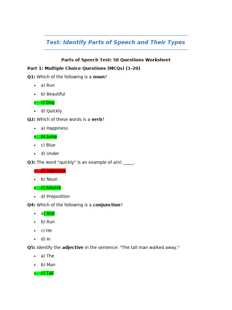 PArt - of - Speech - Test - (2) (1) Test Checked | PDF | Part Of Speech ...