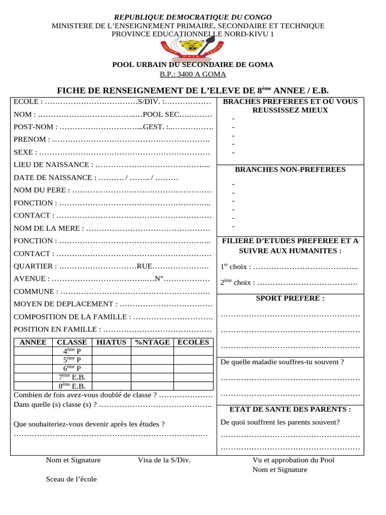 FICHE DE RENSEIGNEMENT ET D'ORIENTATION DE L'ELEVE DE 8ème E.B. 2024 | PDF