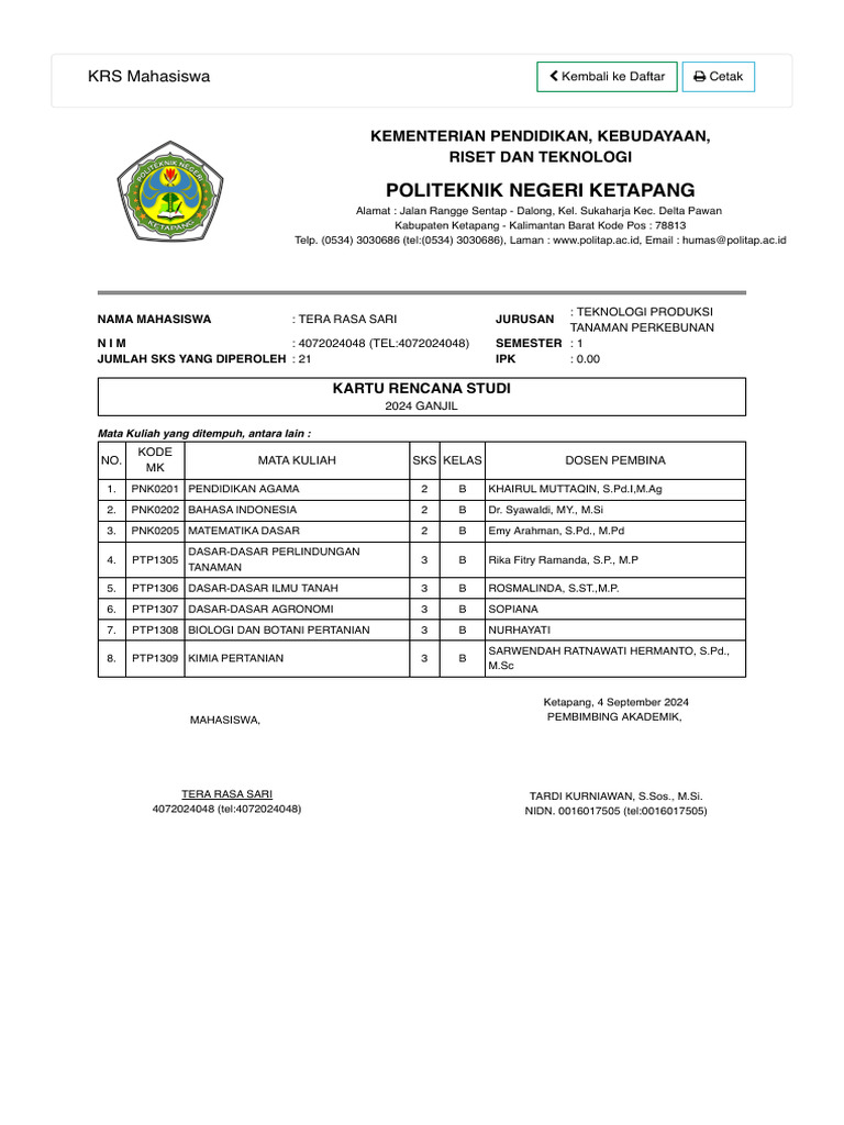 KRS Mahasiswa | PDF