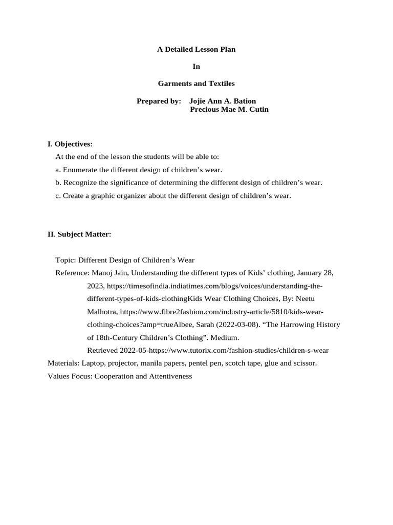 Lesson Plan - Different Design of Children's Wear - Dressmaking | PDF