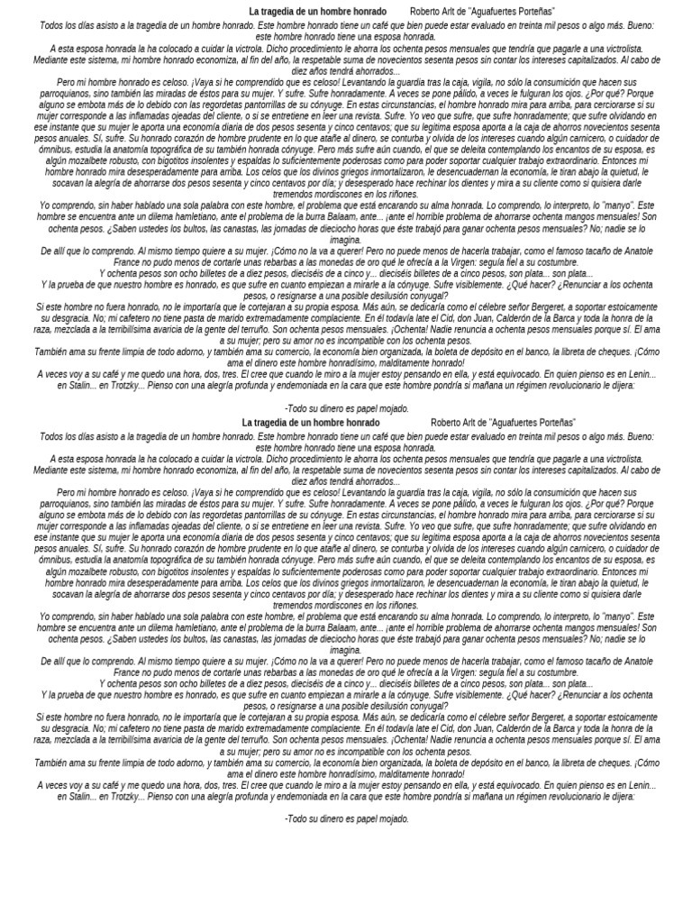 Roberto Arlt - La Tragedia de Un Hombre Honrado | PDF
