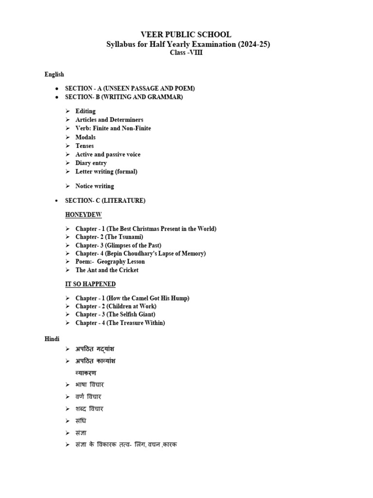 Class 8 Half Yearly Syllabus (2024-25) | PDF