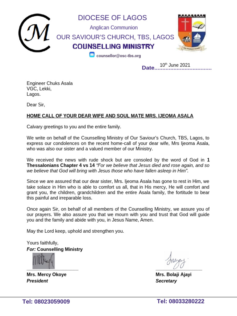 Letter of Condolence On The Home Call of Lady Ijeoma Asala | PDF