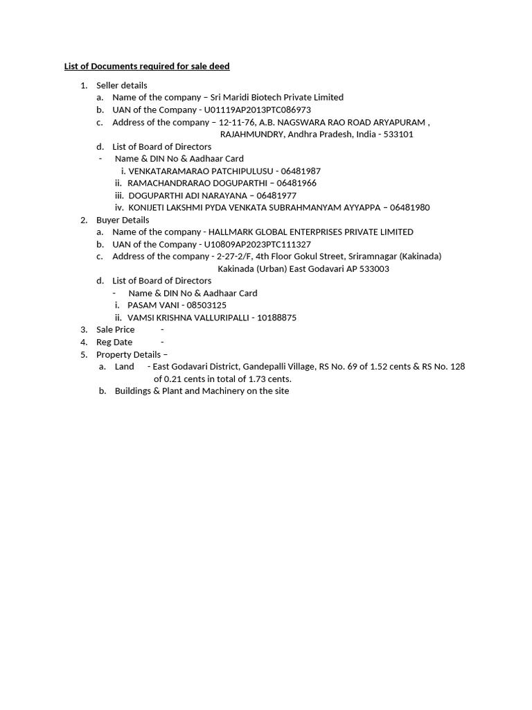 List of Documents Required For Sale Deed | PDF