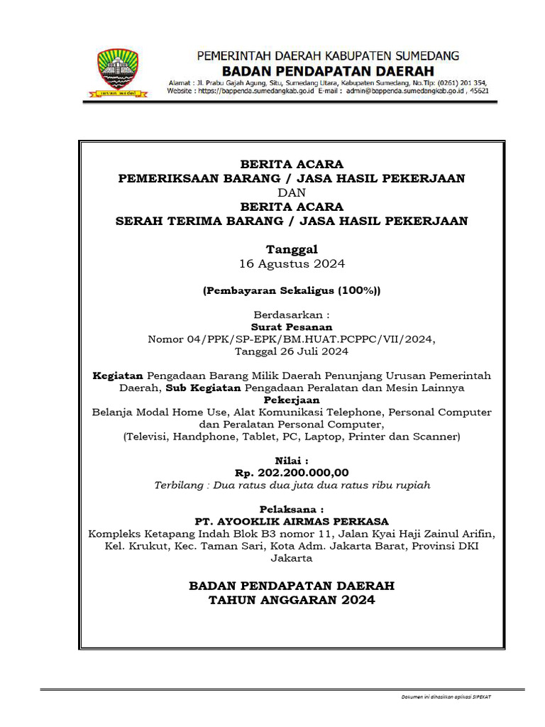 Contoh BAST Pemeriksaan Dan BA Pembyran - PC | PDF