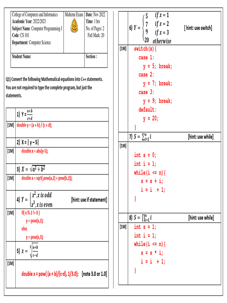 C++ Midterm 2021-2022 - Sol | PDF | Science | Computer Programming