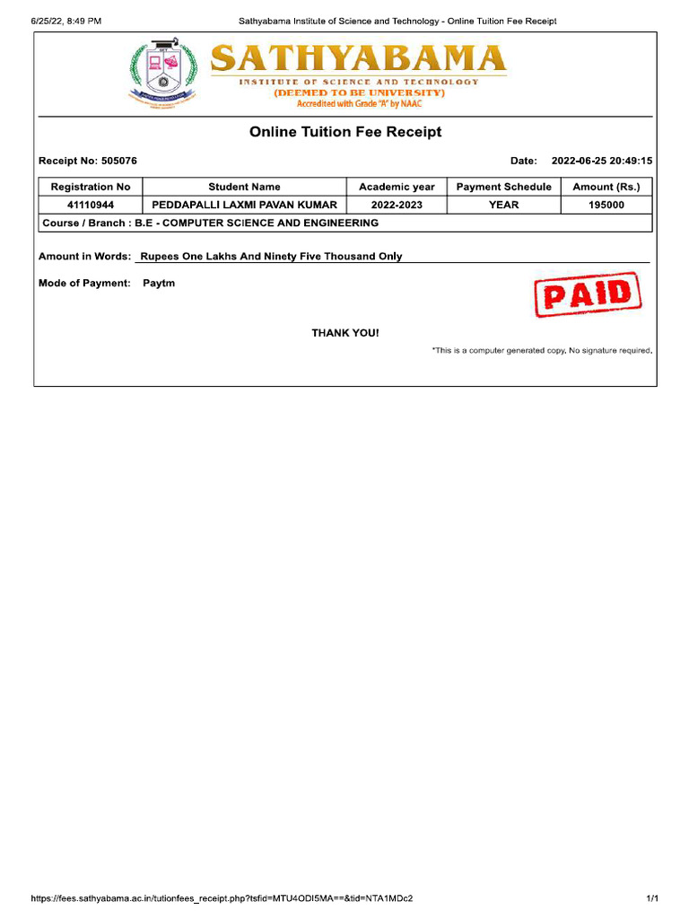 Pavan 2ndyear Fee Receipt | PDF