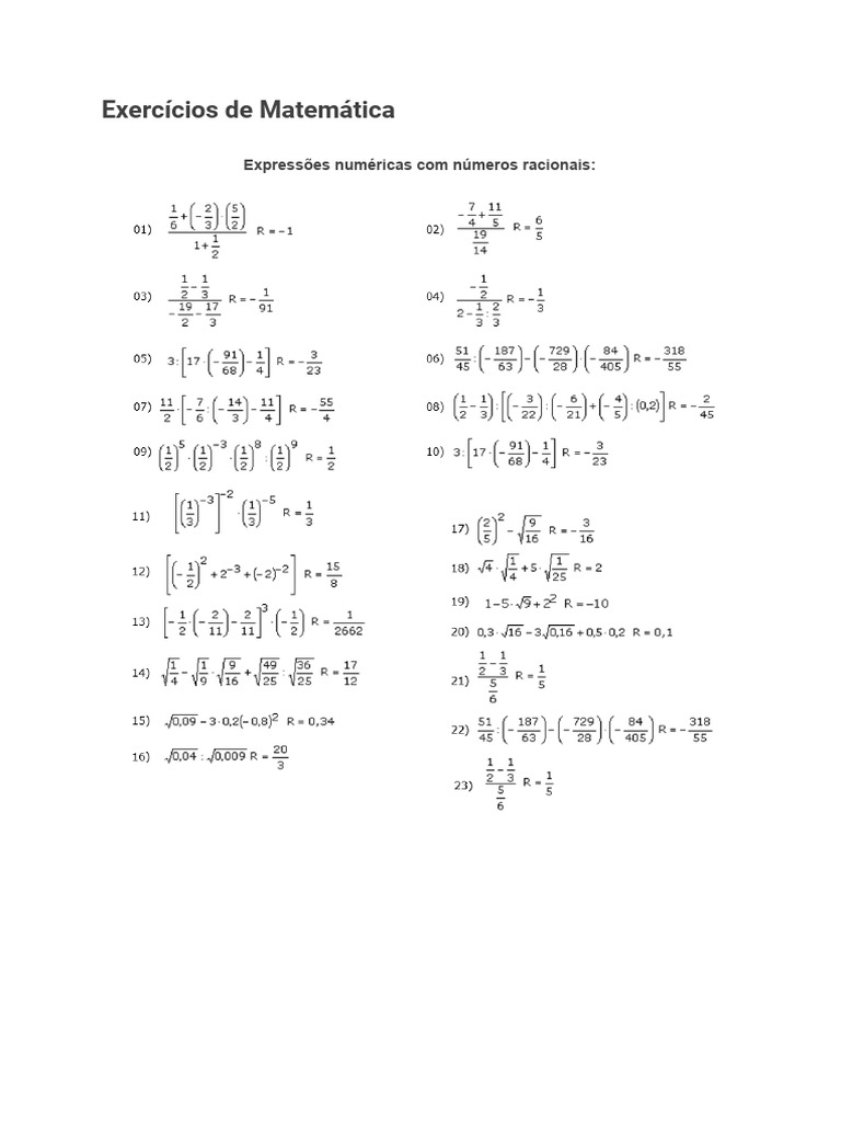 Exercícios de Matemática: Expressões Numéricas Com Números Racionais | PDF