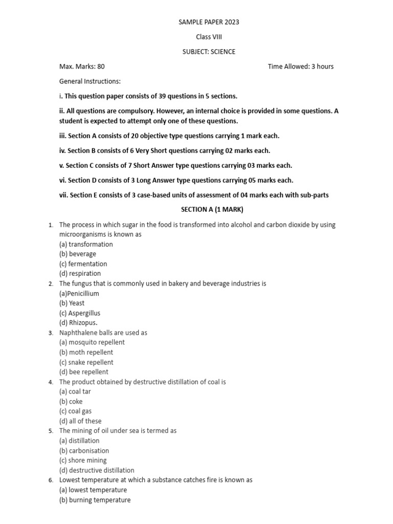 Last Year Sample Paper Science Class 8 | PDF