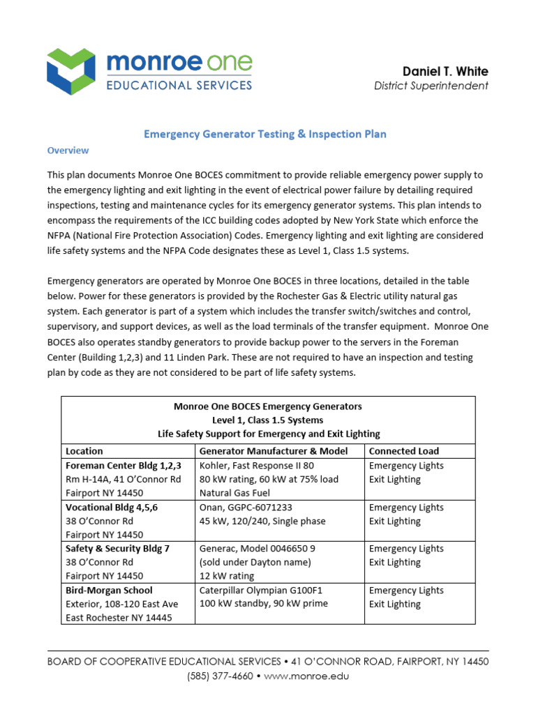 Emergency Generator Testing and Inspection Plan | PDF
