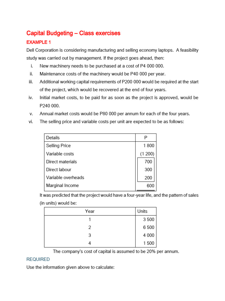 Capital Budgeting Class Exercises | PDF