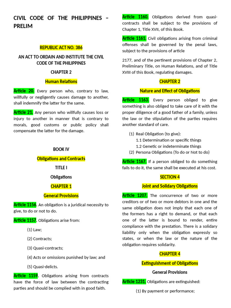 Civil Code of The Philippines - Prelim Notes | PDF