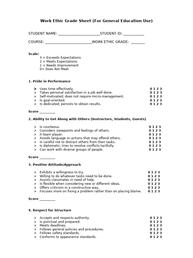 Work Ethic Grade Sheet General Education Scoring G | PDF